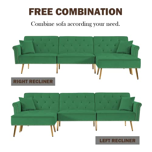 WILLIAMSPACE Green Sectional Couches for Living Room, Sectional Sofa with Recliner, Convertible L-Shaped Sofa with Sleeper, Comfy Velvet L-Shape 3 Seats Sofa and Pillows for Small Spaces