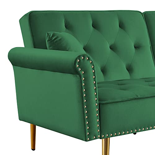 WILLIAMSPACE Green Sectional Couches for Living Room, Sectional Sofa with Recliner, Convertible L-Shaped Sofa with Sleeper, Comfy Velvet L-Shape 3 Seats Sofa and Pillows for Small Spaces