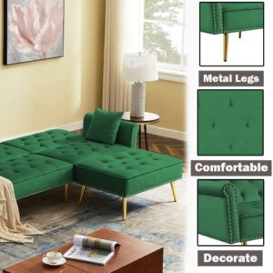 WILLIAMSPACE Green Sectional Couches for Living Room, Sectional Sofa with Recliner, Convertible L-Shaped Sofa with Sleeper, Comfy Velvet L-Shape 3 Seats Sofa and Pillows for Small Spaces