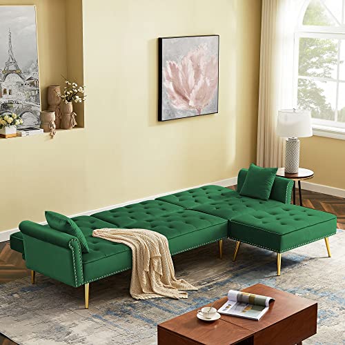 WILLIAMSPACE Green Sectional Couches for Living Room, Sectional Sofa with Recliner, Convertible L-Shaped Sofa with Sleeper, Comfy Velvet L-Shape 3 Seats Sofa and Pillows for Small Spaces