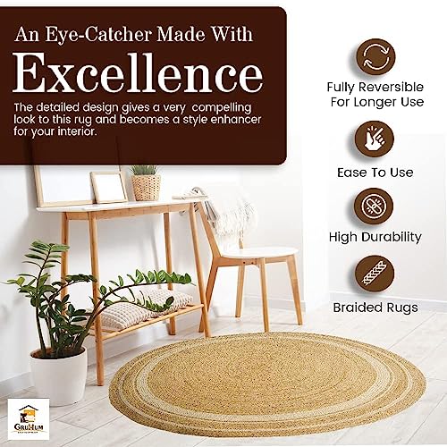 GRUHUM Jute Cotton Area Rug 4ft - Natural Fiber Round Handmade Boho Farmhouse Jute Area Rug Soft Braided Rustic Vintage Reversible Rug for Indoor Kitchen Bedroom Living Room Hallways Enterway