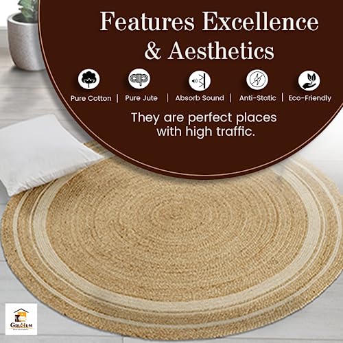 GRUHUM Jute Cotton Area Rug 4ft - Natural Fiber Round Handmade Boho Farmhouse Jute Area Rug Soft Braided Rustic Vintage Reversible Rug for Indoor Kitchen Bedroom Living Room Hallways Enterway