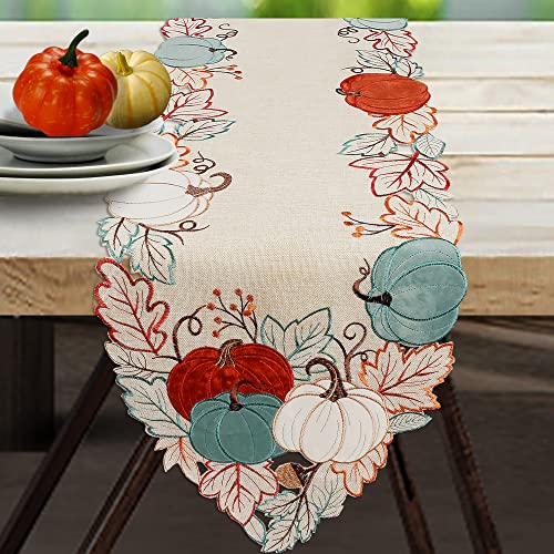 OWENIE Fall Table Runner, Thanksgiving Pumpkins Table Runner 70 Inches Long, Embroidered Harvest Farmhouse Fall Decor for Home, Halloween Table Decorations , 13 x 70 Inches