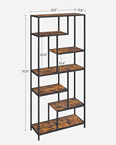 VASAGLE Bookshelf, 6-Tier Tall Bookcase, Display Shelf, Plant Stand, 11.8 x 31.5 x 70.9 Inches, Particleboard, for Study, Office, Living Room, Bedroom, Kitchen, Rustic Brown and Black ULLS119B01