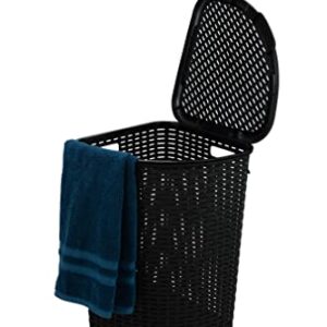 Plastic Corner Laundry Hamper with Lid, Curved Designed Laundry Basket, Triangle Black Cloths Hamper Organizer with Cut-out Handles for Laundry Room Bedroom Bathroom, Wicker Design, 50 Liter