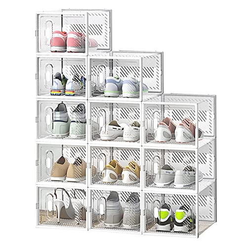 Wolizom 12 Pack Shoe Storage Box, Stackable Shoe Organizer Boxes, Clear Plastic Shoe Organizer for Closet, Space Saving Foldable Shoe Holder Sneaker Containers Bins