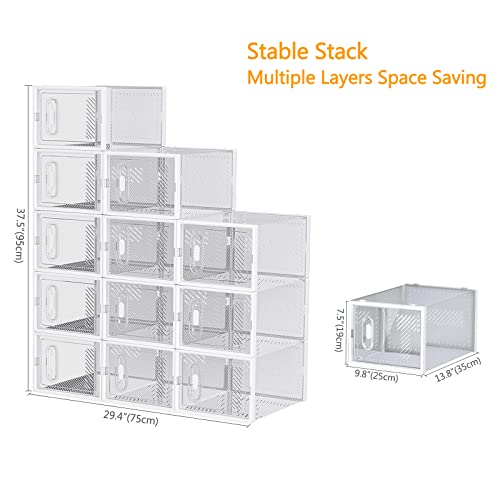 Wolizom 12 Pack Shoe Storage Box, Stackable Shoe Organizer Boxes, Clear Plastic Shoe Organizer for Closet, Space Saving Foldable Shoe Holder Sneaker Containers Bins