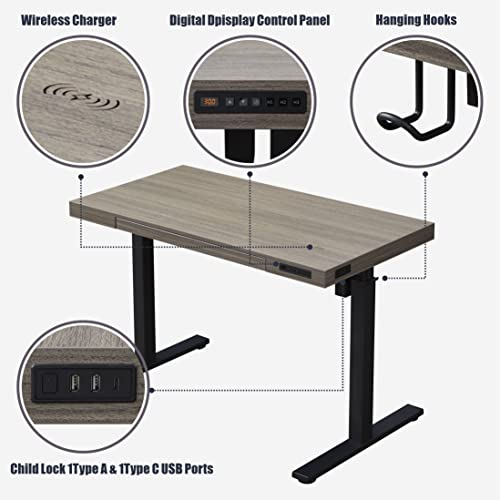 kowo Electric Height Adjustable Standing Desk with Drawer, 48" Home Office Wooden Computer Desk Ergonomic Memory Control Workstation Sit Stand Desk, Grey Oak/Black