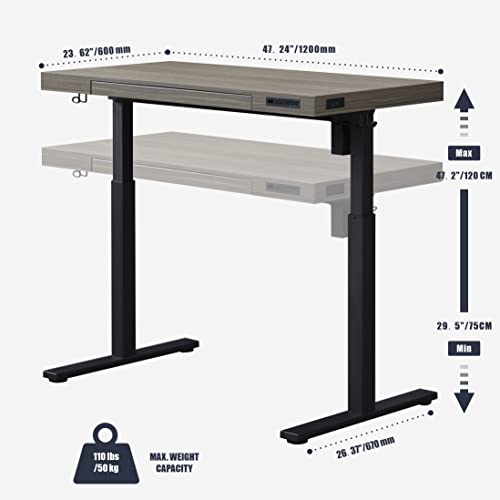 kowo Electric Height Adjustable Standing Desk with Drawer, 48" Home Office Wooden Computer Desk Ergonomic Memory Control Workstation Sit Stand Desk, Grey Oak/Black