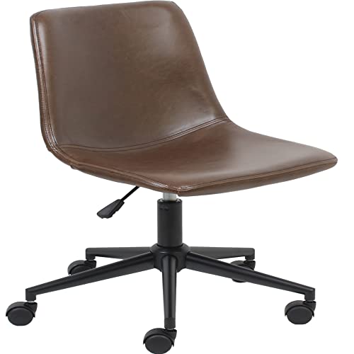 BTEXPERT Mid Back Faux Leather Task Home Office Desk, Modern Vanity Wheels Black Base Height Adjustable Swivel Armless Chair, Brown-1