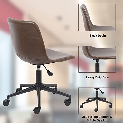 BTEXPERT Mid Back Faux Leather Task Home Office Desk, Modern Vanity Wheels Black Base Height Adjustable Swivel Armless Chair, Brown-1