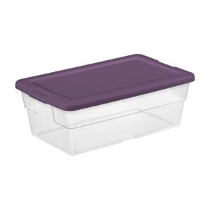 Sterilite Stackable 6 Quart Clear Home Storage Box with Handles and Purple Lid for Efficient, Space Saving Household Storage and Organization, 5 Pack