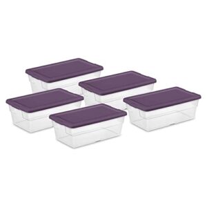 sterilite stackable 6 quart clear home storage box with handles and purple lid for efficient, space saving household storage and organization, 5 pack