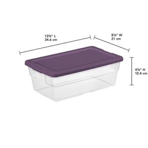 Sterilite Stackable 6 Quart Clear Home Storage Box with Handles and Purple Lid for Efficient, Space Saving Household Storage and Organization, 5 Pack