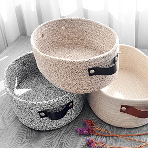 LAVAXI Small Woven Basket with Leather Handle,Oval Storage Basket for Organizing Toys, Keys, Books Coffee 9x 7 Inch