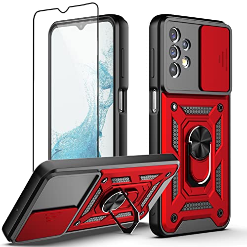 Dretal Samsung A23 Case, Galaxy A23 5G Case with Stand Kickstand Ring and Camera Cover with Tempered Glass Screen Protector, Military Grade Shockproof Protective Cover for A23 (TC-Red