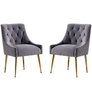 kinwell upholstered dining chairs set of 2, modern accent side chair with tufted back and pull handle, velvet armchair desk chair with gold metal legs for living room, home office,vanity (gray)