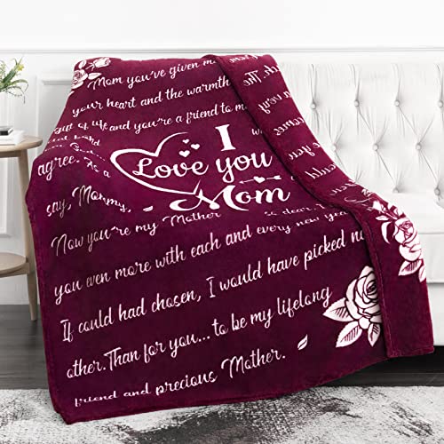 I Love You Mom Gift Blanket - Gifts for Mom - Birthday Gifts for Women - Unique Mom Gifts from Daughter or Son for Valentines Day, Birthday, Mothers Day, Christmas - Soft Throw 50"x60" (Merlot Red)