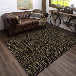 modern 3d home area rugs ancient golden egyptian hieroglyphs alphabet over black ancient carpets non-slip extra size yoga mat runner rug for living room bedroom girls playroom home decor