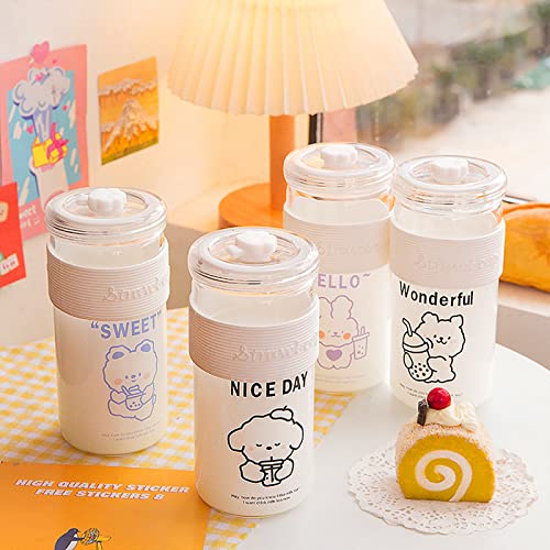 Cute Water Bottles Cartoon Bear Kawaii Water Bottle Milk Juice Coffee Glass Water Bottle with Straw, Portable Leakproof Water Cup for Girls Boys, BPA Free, 15 oz (Milk Tea Bear)