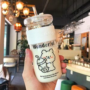 cute water bottles cartoon bear kawaii water bottle milk juice coffee glass water bottle with straw, portable leakproof water cup for girls boys, bpa free, 15 oz (milk tea bear)