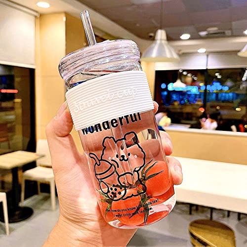 Cute Water Bottles Cartoon Bear Kawaii Water Bottle Milk Juice Coffee Glass Water Bottle with Straw, Portable Leakproof Water Cup for Girls Boys, BPA Free, 15 oz (Milk Tea Bear)