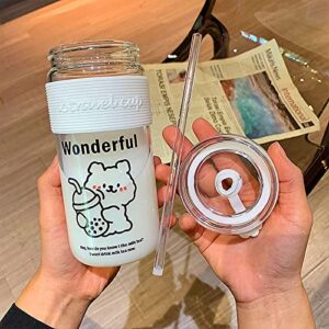 Cute Water Bottles Cartoon Bear Kawaii Water Bottle Milk Juice Coffee Glass Water Bottle with Straw, Portable Leakproof Water Cup for Girls Boys, BPA Free, 15 oz (Milk Tea Bear)