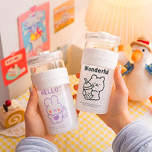 Cute Water Bottles Cartoon Bear Kawaii Water Bottle Milk Juice Coffee Glass Water Bottle with Straw, Portable Leakproof Water Cup for Girls Boys, BPA Free, 15 oz (Milk Tea Bear)