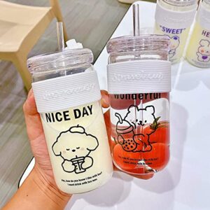 Cute Water Bottles Cartoon Bear Kawaii Water Bottle Milk Juice Coffee Glass Water Bottle with Straw, Portable Leakproof Water Cup for Girls Boys, BPA Free, 15 oz (Milk Tea Bear)