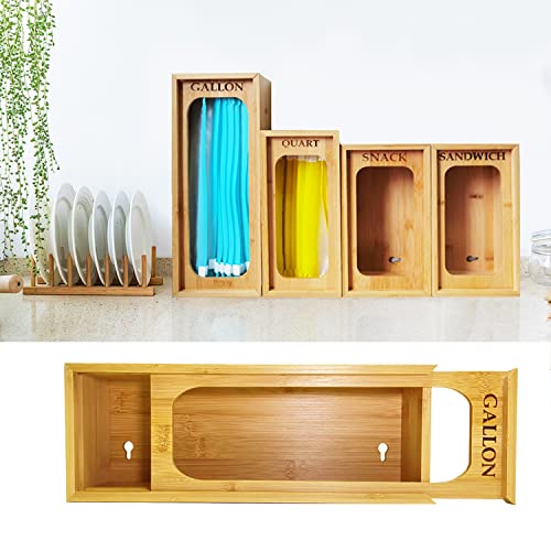 Bamboo Ziplock Bag Storage Organizer for Kitchen Drawer, Plastic Food Bags Organizer Removable Front, Compatible with Ziploc, Solimo, Hefty Baggie Dispenser Holder for Gallon,Quart,Sandwich Slider Bag