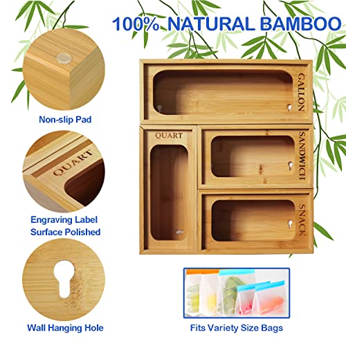 Bamboo Ziplock Bag Storage Organizer for Kitchen Drawer, Plastic Food Bags Organizer Removable Front, Compatible with Ziploc, Solimo, Hefty Baggie Dispenser Holder for Gallon,Quart,Sandwich Slider Bag