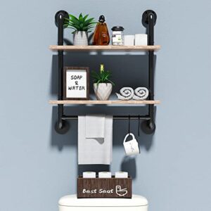 sdmetei 24 inch industrial pipe shelf bathroom shelves, rustic wood shelf with towel bar 2 tier farmhouse industrial pipe shelving towel rack over toilet for storage