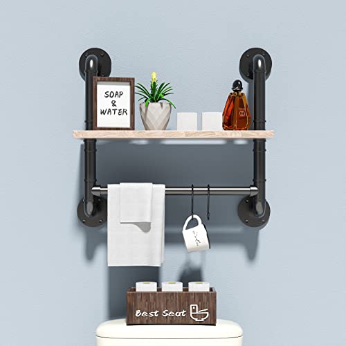 SDMETEI 24in Bathroom Shelves Industrial Style Rustic Pipe Wall Mounted Floating Shelf with Towel Bar for Bathroom Over Toilet, Farmhouse Decoration, 1-Layer, Wood