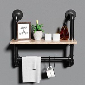 SDMETEI 24in Bathroom Shelves Industrial Style Rustic Pipe Wall Mounted Floating Shelf with Towel Bar for Bathroom Over Toilet, Farmhouse Decoration, 1-Layer, Wood