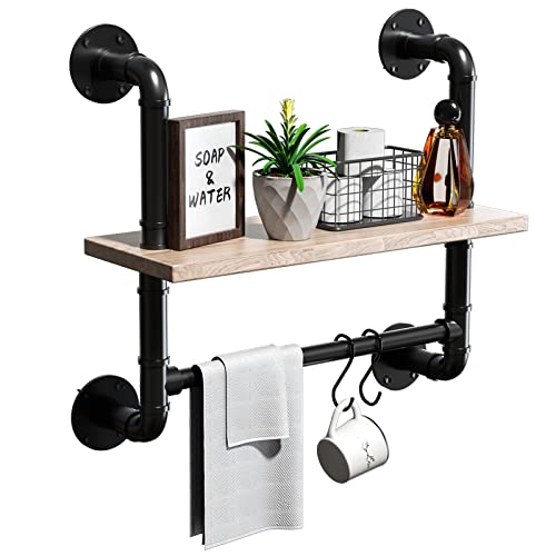 SDMETEI 24in Bathroom Shelves Industrial Style Rustic Pipe Wall Mounted Floating Shelf with Towel Bar for Bathroom Over Toilet, Farmhouse Decoration, 1-Layer, Wood