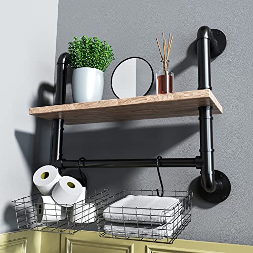 SDMETEI 24in Bathroom Shelves Industrial Style Rustic Pipe Wall Mounted Floating Shelf with Towel Bar for Bathroom Over Toilet, Farmhouse Decoration, 1-Layer, Wood