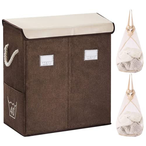 TECHMILLY Double Laundry Hamper with Lid, Large Laundry Basket with 2 Removable Laundry Bags and Pockets, Divided Laundry Hamper 2 Section for Bedroom, Dirty Clothes Hamper with Rope Handles, Brown…