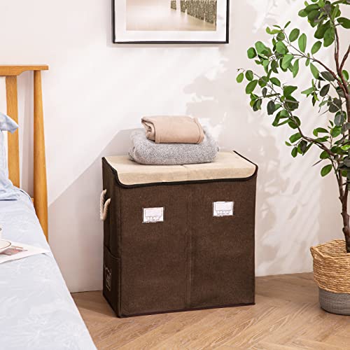 TECHMILLY Double Laundry Hamper with Lid, Large Laundry Basket with 2 Removable Laundry Bags and Pockets, Divided Laundry Hamper 2 Section for Bedroom, Dirty Clothes Hamper with Rope Handles, Brown…