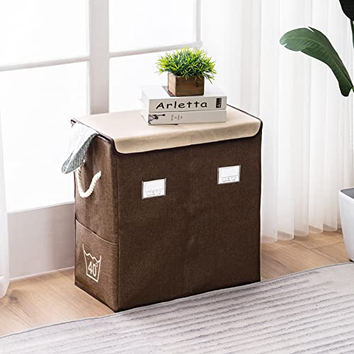 TECHMILLY Double Laundry Hamper with Lid, Large Laundry Basket with 2 Removable Laundry Bags and Pockets, Divided Laundry Hamper 2 Section for Bedroom, Dirty Clothes Hamper with Rope Handles, Brown…