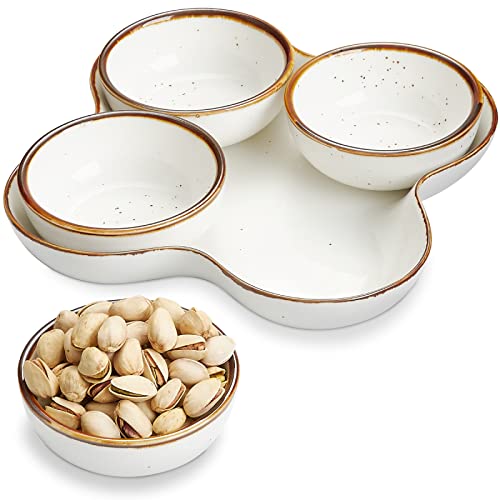 ONEMORE Chip and Dip Serving Set, 10 inch Ceramic Divided Serving Platter Large Appetizer Tray with 4 Removable Dishes for Nuts, Candy, Snacks, Veggies - Creamy White Serving Bowls for Entertaining