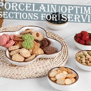 ONEMORE Chip and Dip Serving Set, 10 inch Ceramic Divided Serving Platter Large Appetizer Tray with 4 Removable Dishes for Nuts, Candy, Snacks, Veggies - Creamy White Serving Bowls for Entertaining