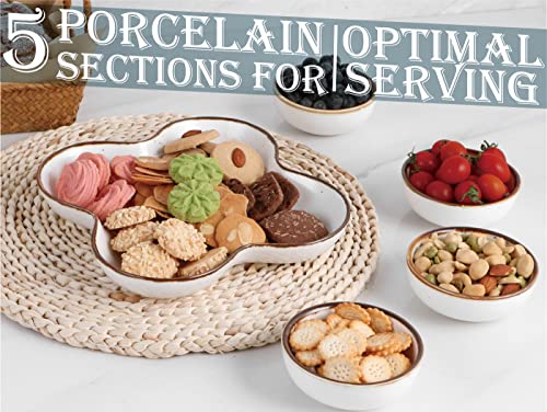 ONEMORE Chip and Dip Serving Set, 10 inch Ceramic Divided Serving Platter Large Appetizer Tray with 4 Removable Dishes for Nuts, Candy, Snacks, Veggies - Creamy White Serving Bowls for Entertaining