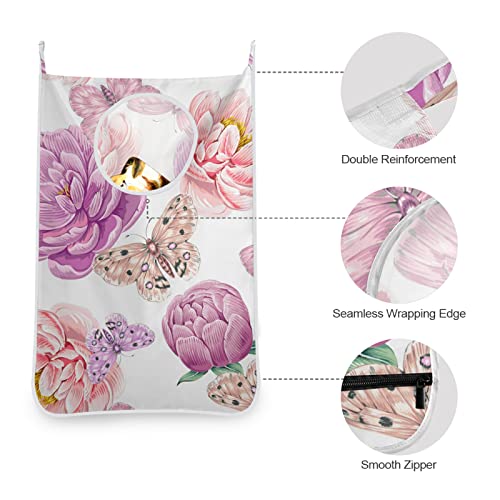 susiyo Blooming Flowers Peonies Butterflies Hanging Laundry Hamper Bag with Free Adjustable Stainless Steel Hooks 2PCs PVC Sticky Hooks Foldable Dirty Clothes Storage Saving Space for Bathroom Bedroo