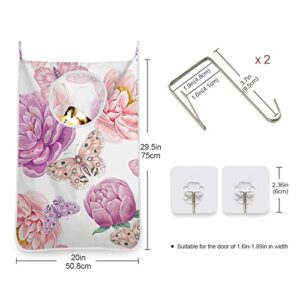 susiyo Blooming Flowers Peonies Butterflies Hanging Laundry Hamper Bag with Free Adjustable Stainless Steel Hooks 2PCs PVC Sticky Hooks Foldable Dirty Clothes Storage Saving Space for Bathroom Bedroo