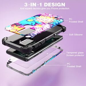 IDweel Moto G Stylus 5G Case with Screen Protector(Tempered Glass), 3 in 1 Shockproof Slim Hybrid Heavy Duty Protection Hard PC Cover Soft Silicone Bumper Full Body Floral Case for Women,Flower