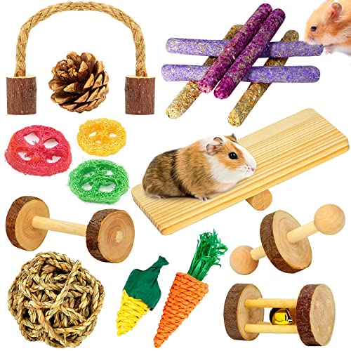 OVERTANG Hamster Toys, Guinea Pig Toys, 18 Pcs Wooden Hamster Toy Set Natural Apple Wood Small Animal Chew Molar Toys for Teeth for Rabbit, Chinchilla, Gerbils, Rats Exercise Accessories