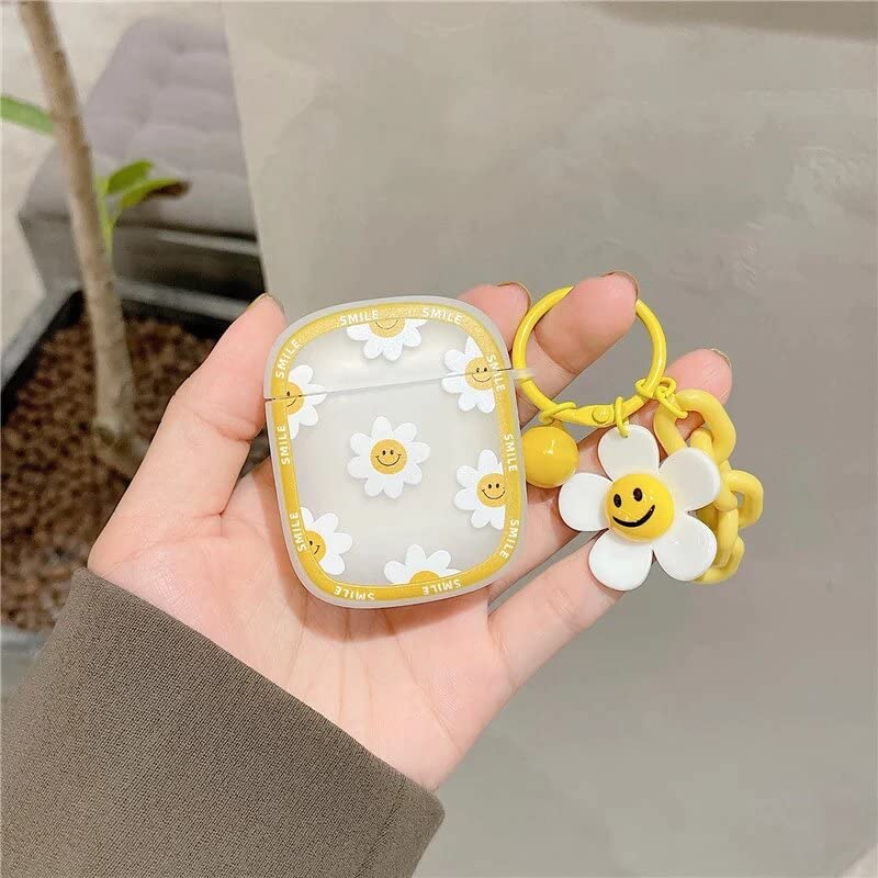 Smiley Face Aesthetic AirPods Case 1 st & 2 nd Generation with Keychain, Silicon Shockproof Protective Case for AirPods 1 & 2, Cute Smiley AirPods Case, Yellow