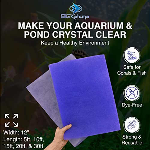 BIG Kahuna Aquarium Filter Floss Rolls – 12-inch Pond and Aquarium Filter Media – 1-inch Thick Wet/Dry Aquarium Filter Pad – 10ft - Bonded Filter Media Pad for Freshwater or Marine Aquariums, Ponds