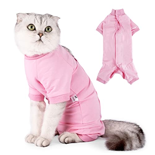 HEYWEAN Cat Professional Surgical Recovery Suit for Abdominal Wounds Skin Diseases, After Surgery Wear, E-Collar Alternative for Cats, Home Indoor Pets Clothing (Pink, M)