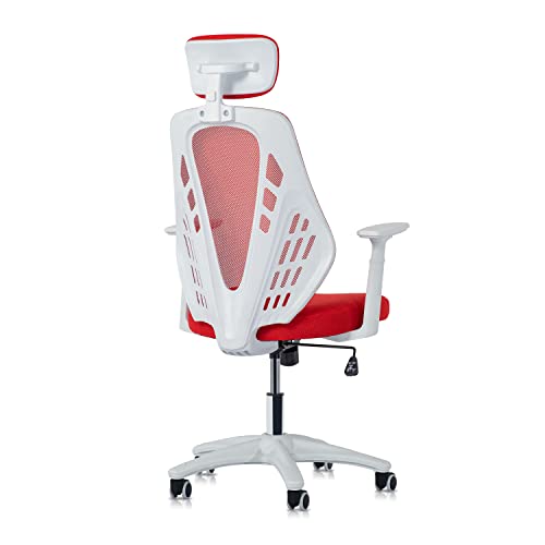 MoNiBloom Home Office Mesh Seat Chair with Headrest and Wheels, Rolling Swivel Computer Chair with T Shape Armrest for Adults, Red